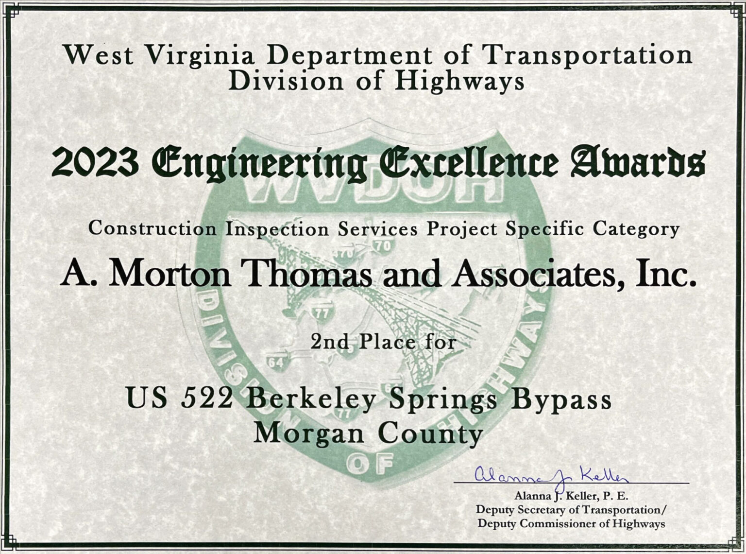 AMT Received 2nd Place Engineering Excellence Award for the US 522 Berkeley Springs Bypass ...